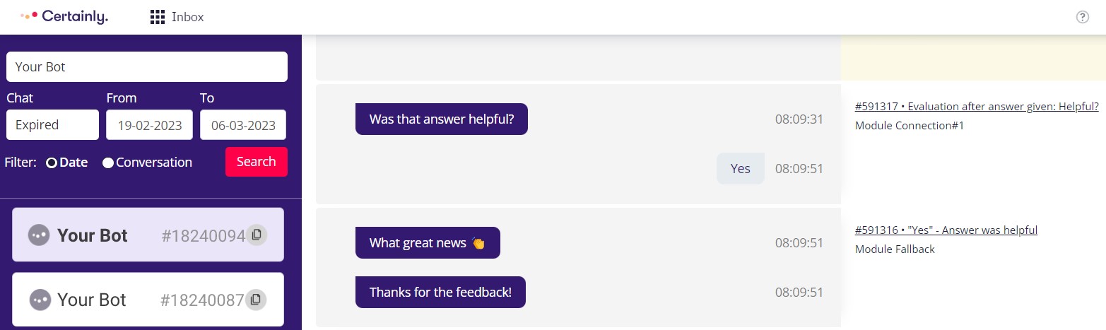 View all chatbot conversations in the Inbox